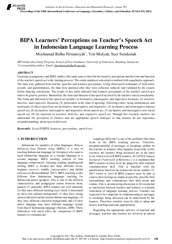 (PDF) BIPA Learners’ Perceptions on Teacher’s Speech Act in Indonesian Language Learning Process