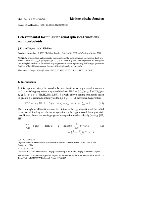 (PDF) Determinantal formulas for zonal spherical functions on hyperboloids