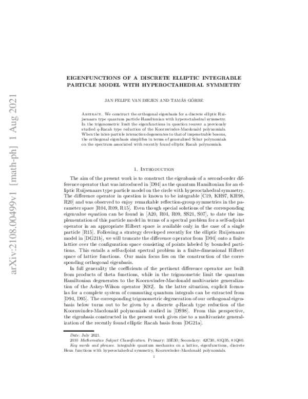 Pdf Eigenfunctions Of A Discrete Elliptic Integrable Particle Model With Hyperoctahedral Symmetry