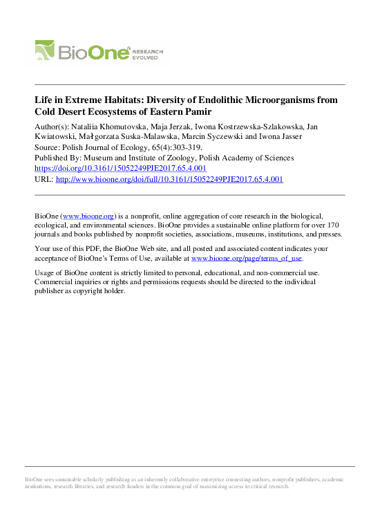Pdf Life In Extreme Habitats Diversity Of Endolithic Microorganisms From Cold Desert