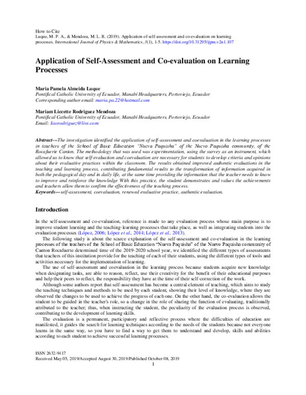 (PDF) Application of self-assessment and co-evaluation on learning processes