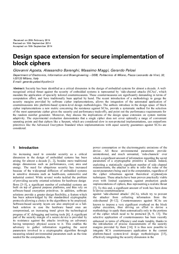 Pdf Design Space Extension For Secure Implementation Of Block Ciphers