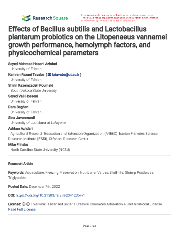 (PDF) Effects of Bacillus subtilis and Lactobacillus plantarum probiotics on the Litopenaeus ...