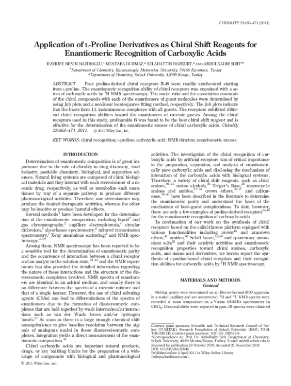(PDF) Application of L-proline derivatives as chiral shift reagents for ...