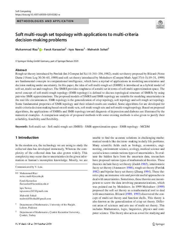 (PDF) Soft multi-rough set topology with applications to multi-criteria decision-making problems