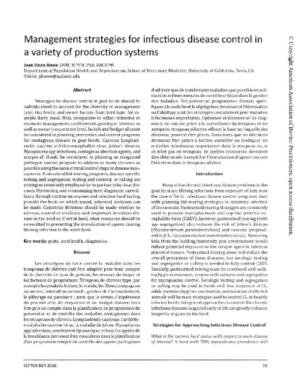 (PDF) Management strategies for infectious disease control in a variety of production systems