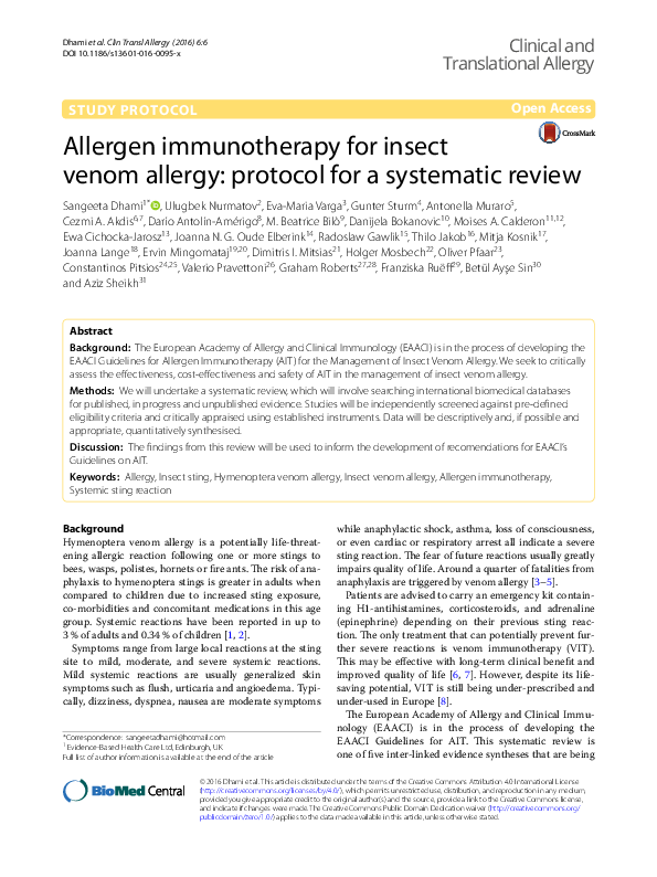 (PDF) Allergen immunotherapy for insect venom allergy: protocol for a systematic review
