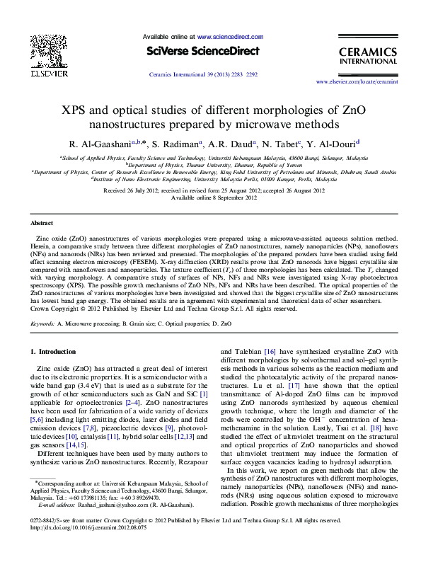 (PDF) XPS and optical studies of different morphologies of ZnO ...