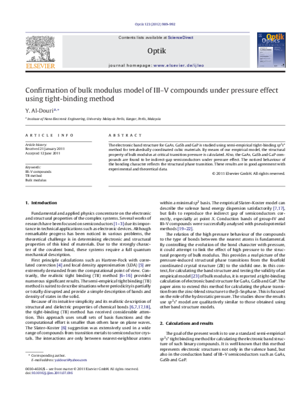 (PDF) Confirmation of bulk modulus model of III–V compounds under pressure effect using tight ...