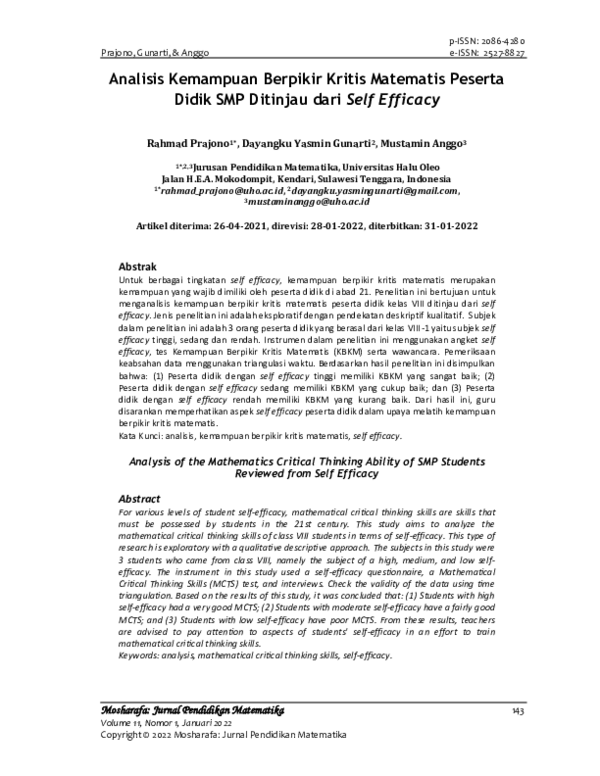(PDF) Analisis Kemampuan Berpikir Kritis Matematis Peserta Didik SMP Ditinjau dari Self Efficacy