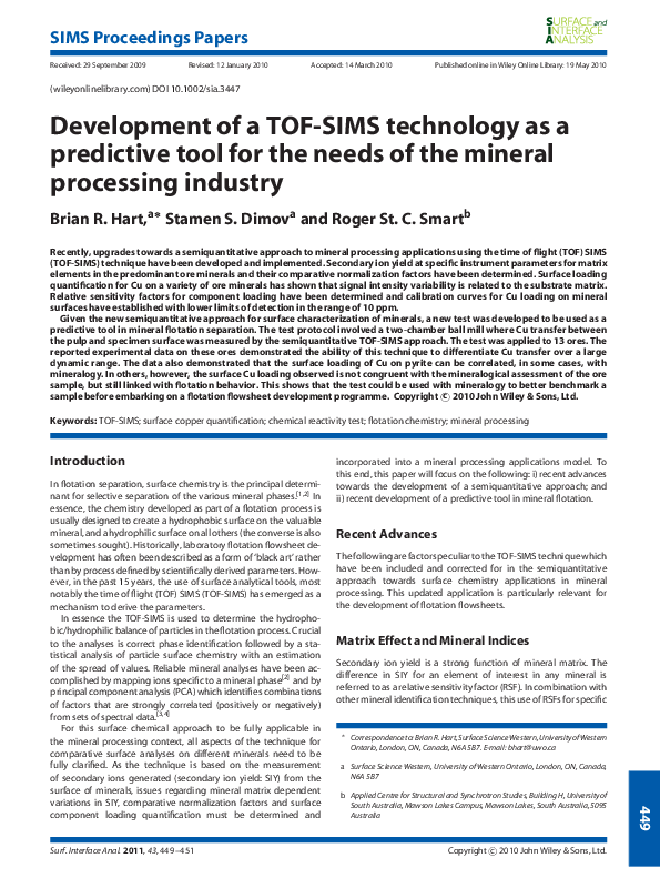 (PDF) Development of a TOF-SIMS technology as a predictive tool for the needs of the mineral ...