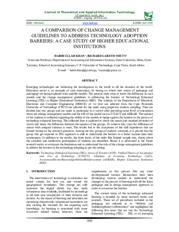 (PDF) A Comparison of Change Management Guidelines to Address Technology Adoption Barriers: A ...