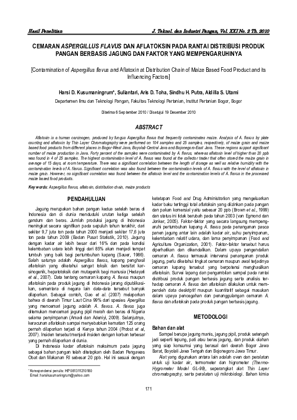 (PDF) CEMARAN ASPERGILLUS FLAVUS DAN AFLATOKSIN PADA RANTAI DISTRIBUSI PRODUK PANGAN BERBASIS ...