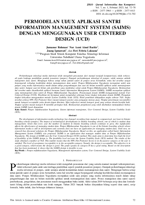 (PDF) Permodelan UI/UX Aplikasi Santri Information Management System (SAIMS) Menggunakan Metode ...