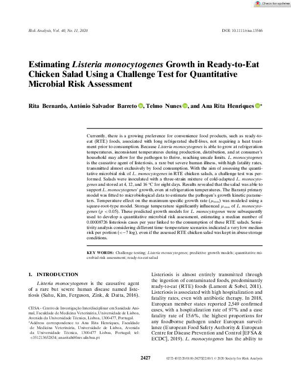 (PDF) Estimating Listeria monocytogenes Growth in Ready‐to‐Eat Chicken ...