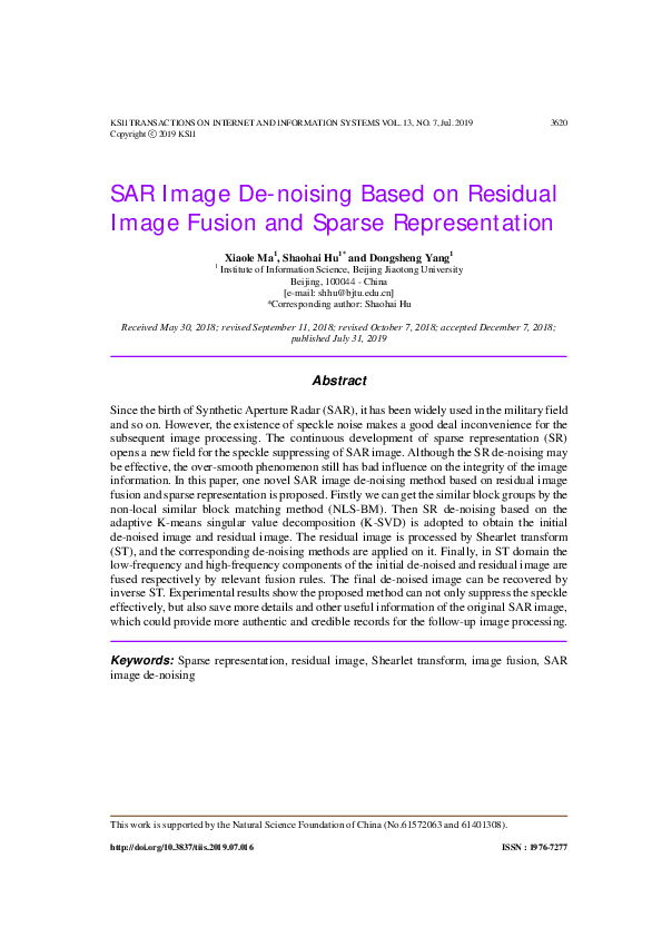 (PDF) SAR Image De-noising Based on Residual Image Fusion and Sparse Representation