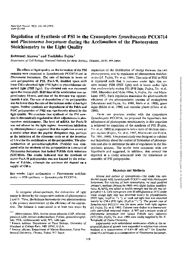 (PDF) Regulation of Synthesis of PSI in the Cyanophytes Synechocystis ...