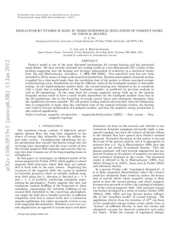 (PDF) High-Lundquist Number Scaling in Three-Dimensional Simulations of Parker's Model of ...