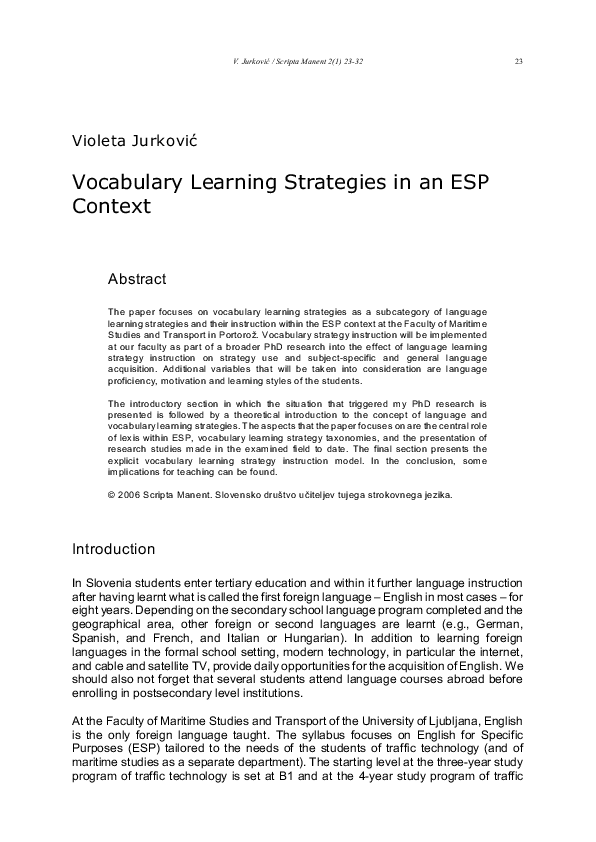 (PDF) Vocabulary Learning Strategies in ESP Context: Knowledge and Implication