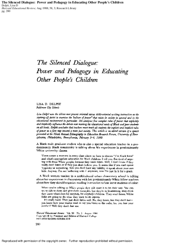 (PDF) The Silenced Dialogue: Power and Pedagogy in Educating Other ...