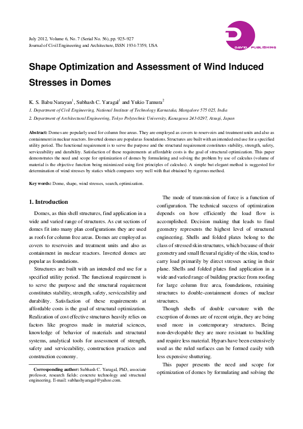 (PDF) Shape Optimization and Assessment of Wind Induced Stresses in Domes