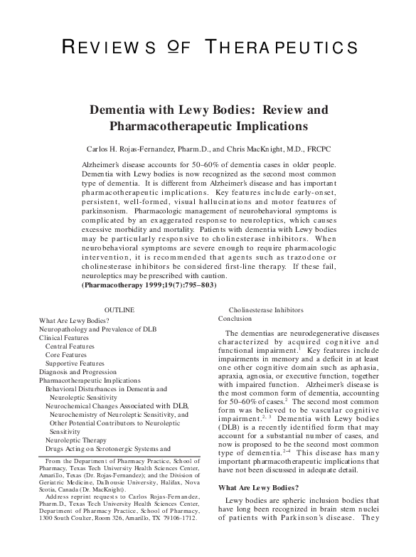 (PDF) Dementia with Lewy Bodies: Review and Pharmacotherapeutic ...