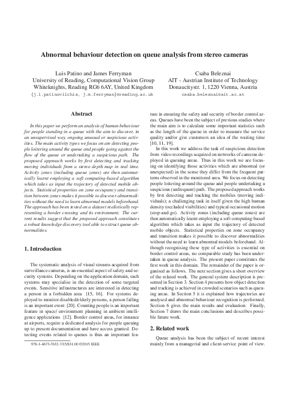 (PDF) Abnormal behaviour detection on queue analysis from stereo cameras
