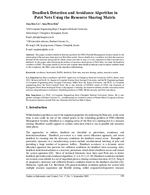 (PDF) Deadlock Detection and Avoidance Algorithm in Petri Nets Using the Resource Sharing Matrix