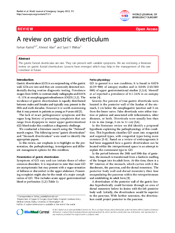 (PDF) A review on gastric diverticulum | Farhan Rashid - Academia.edu