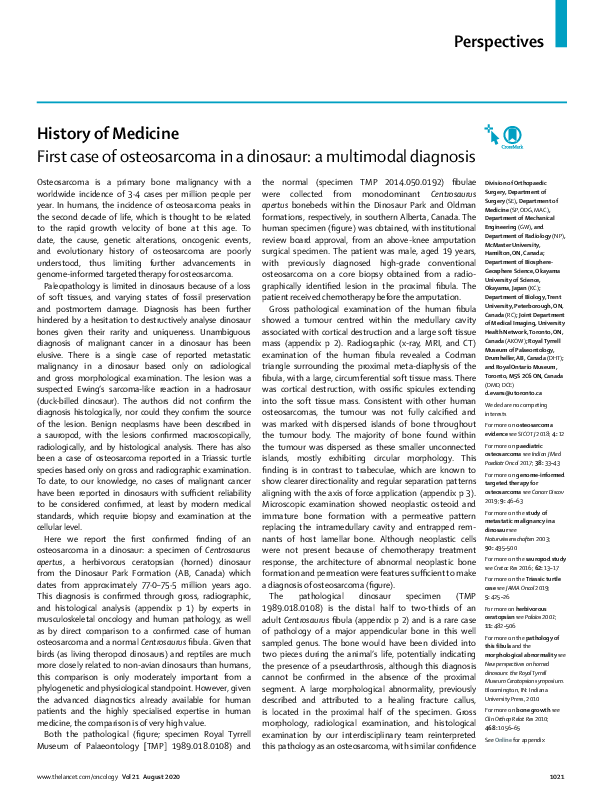 (PDF) First case of osteosarcoma in a dinosaur: a multimodal diagnosis