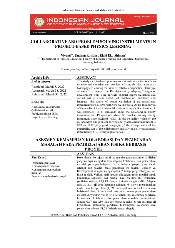 (PDF) Collaborative and Problem Solving Instruments in Project-Based Physics Learning