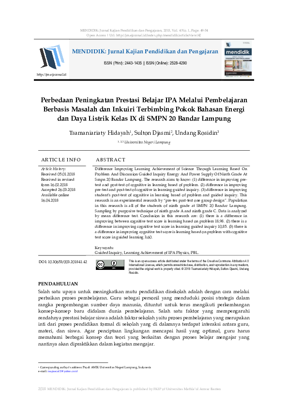 (PDF) Perbedaan Peningkatan Prestasi Belajar IPA Melalui Pembelajaran Berbasis Masalah dan ...