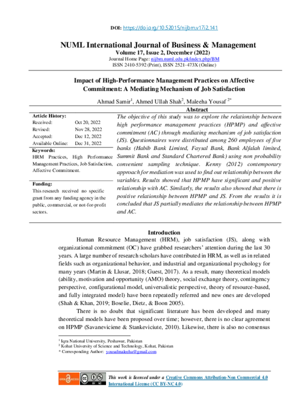 (PDF) Impact Impact of High-Performance Management Practices on Affective Commitment: A ...