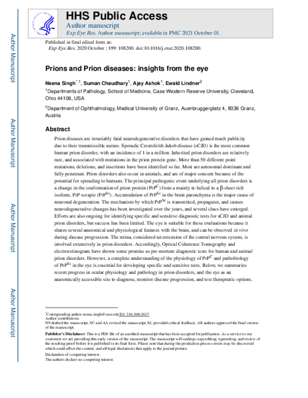 (PDF) Prions and prion diseases: Insights from the eye