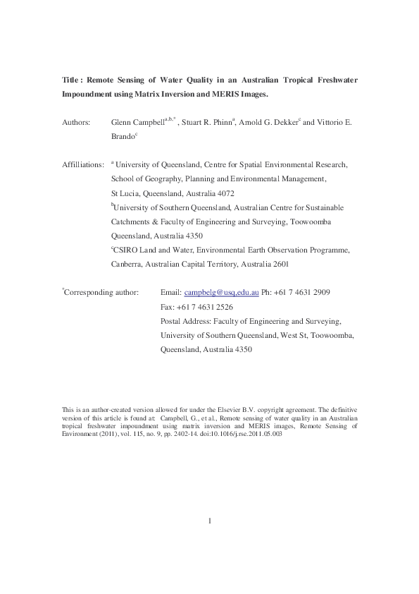(PDF) Remote sensing of water quality in an Australian tropical ...