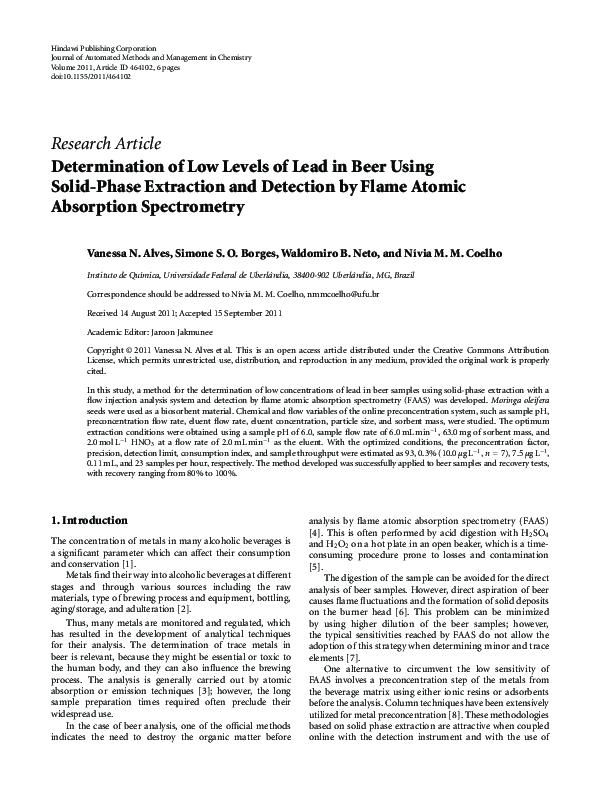 Pdf Determination Of Low Levels Of Lead In Beer Using Solid Phase Extraction And Detection By