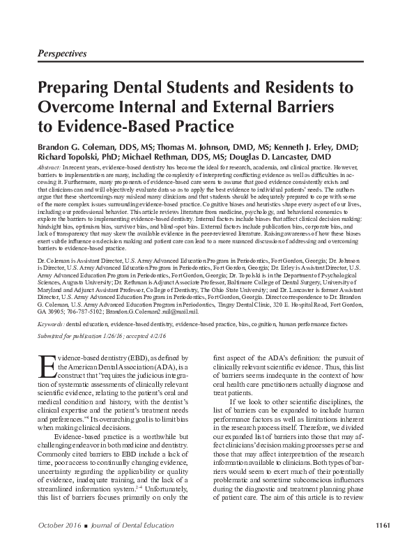 (PDF) Preparing Dental Students and Residents to Overcome Internal and ...