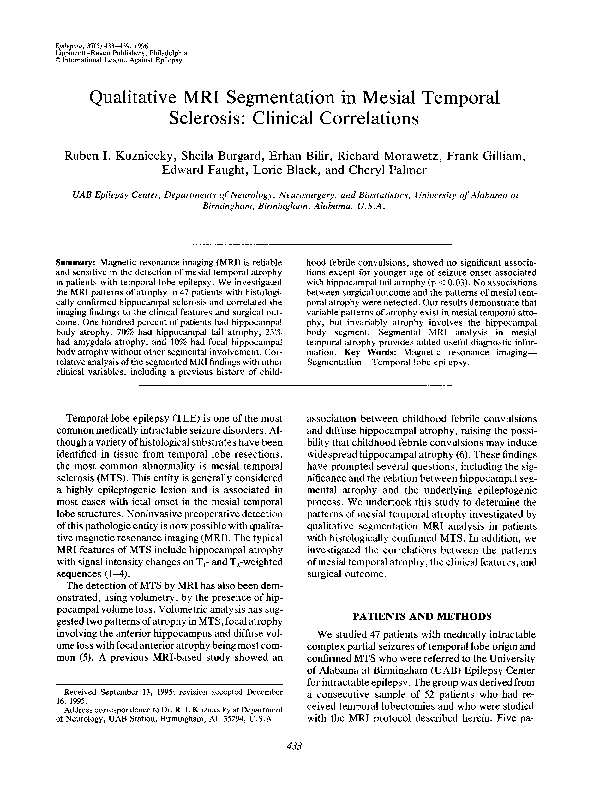 (PDF) Qualitative MRI Segmentation in Mesial Temporal Sclerosis: Clinical Correlations