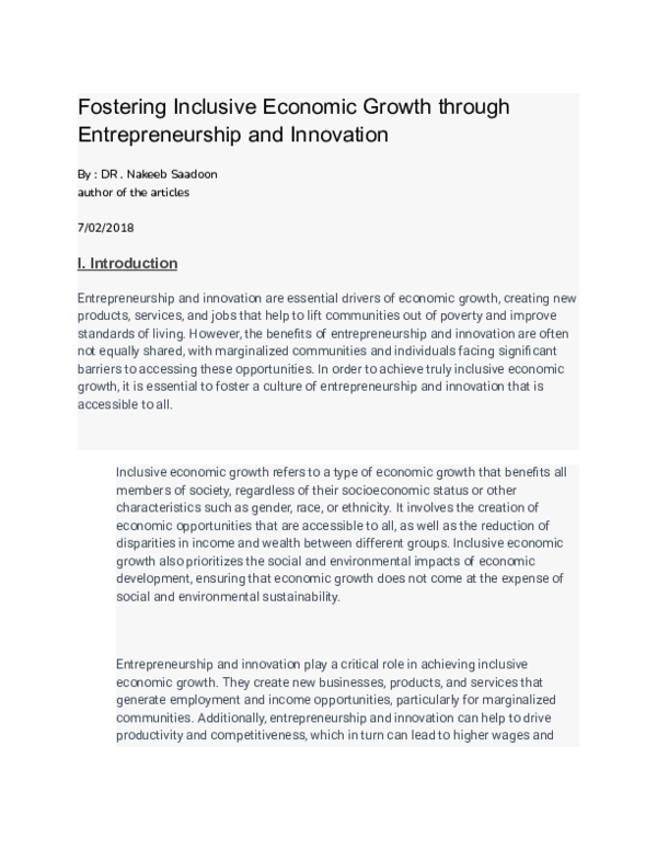 (PDF) Fostering Inclusive Economic Growth through Entrepreneurship and ...