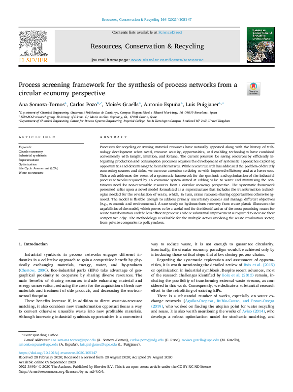 (PDF) Process screening framework for the synthesis of process networks ...