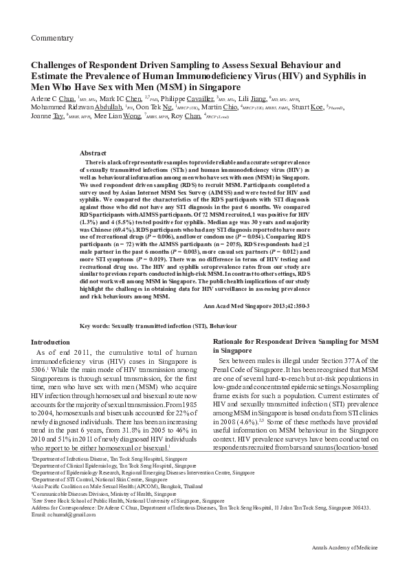 Pdf Challenges Of Respondent Driven Sampling To Assess Sexual Behaviour And Estimate The