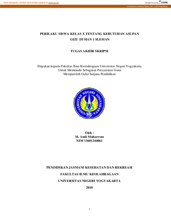 (PDF) Perilaku Siswa Kelas X Tentang Kebutuhan Asupan Gizi DI Man 1 Sleman