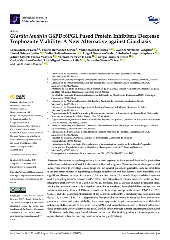 (PDF) Giardia lamblia G6PD::6PGL Fused Protein Inhibitors Decrease ...