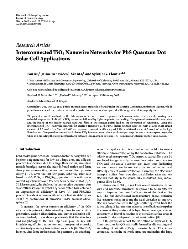 (PDF) Interconnected TiO 2 nanowire networks for PbS quantum dot solar ...