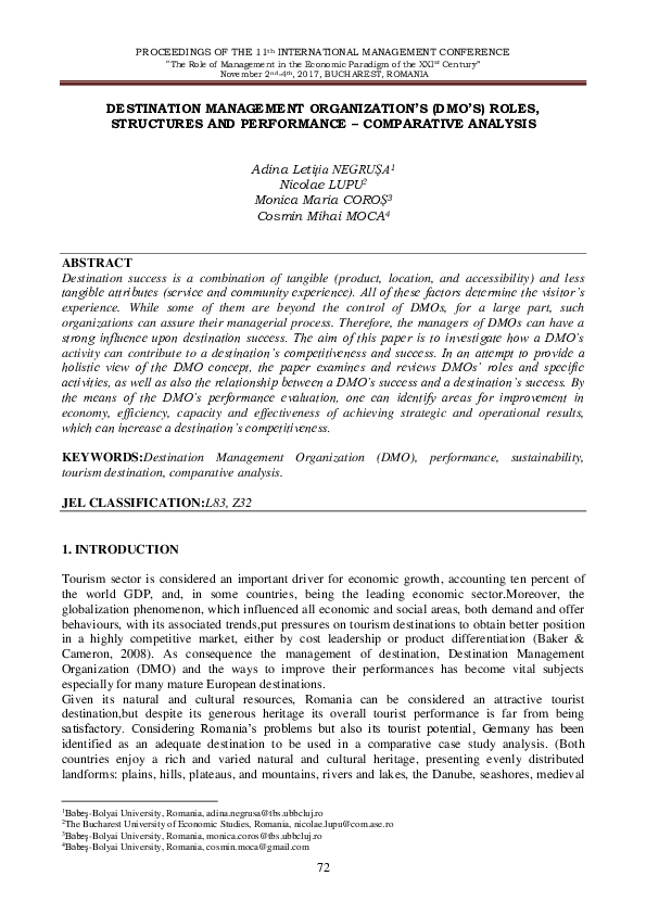 (PDF) Destination Management Organization’S (Dmo’S) Roles, Structures ...