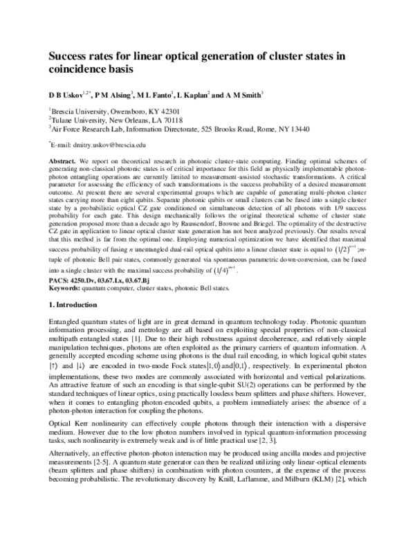(PDF) Success rates for linear optical generation of cluster states in ...