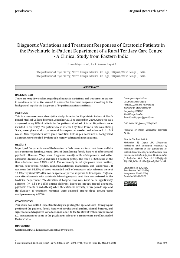 (PDF) Diagnostic Variations and Treatment Responses of Catatonic ...