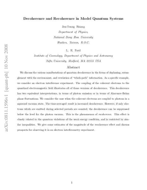 (PDF) Decoherence and Recoherence in Model Quantum Systems