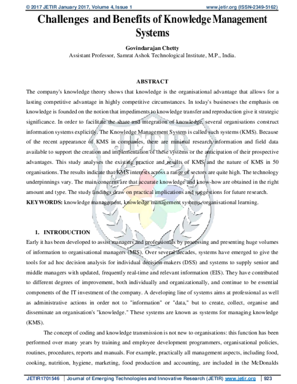 (PDF) Challenges and Benefits of Knowledge Management Systems