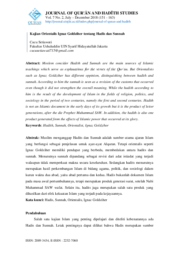 (PDF) Kajian Orientalis Ignaz Goldziher tentang Hadis dan Sunnah